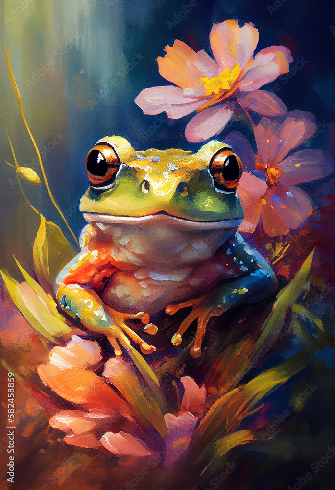 A charming portrait of a frog with a dynamic pose is depicted in this ...