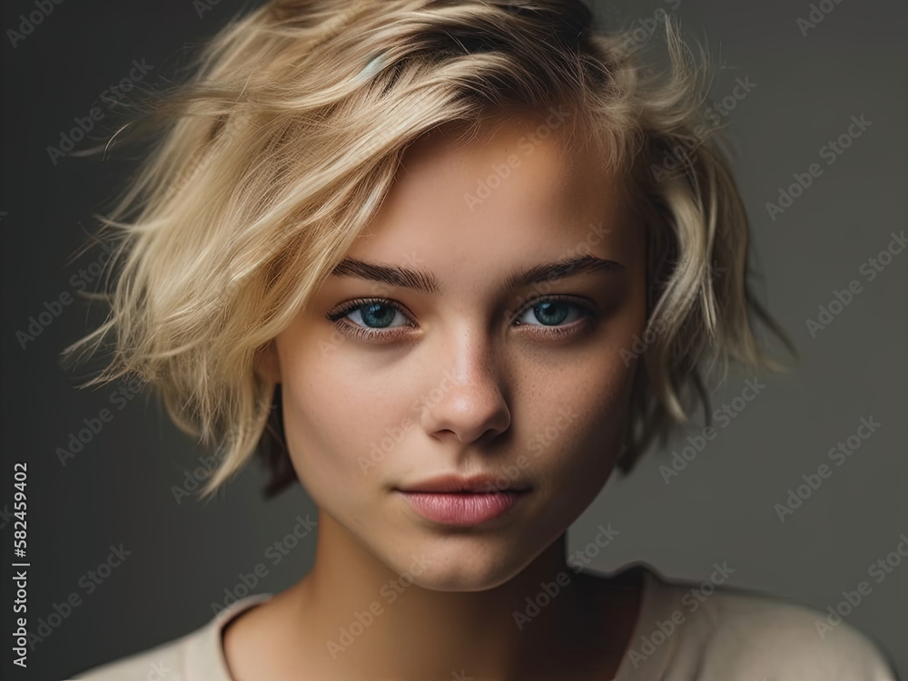 beautifull blonde girl model with a short curly bob and an intense look ...