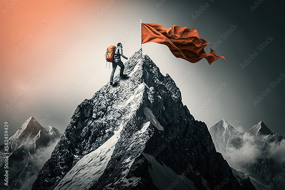 Reaching your goals concept, mountain climber folowing path to flag on ...