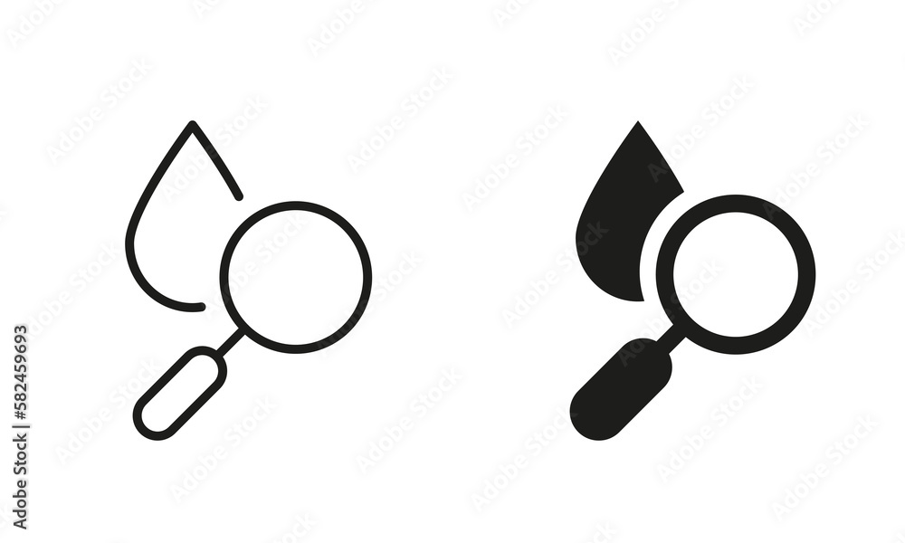 Water Research Silhouette and Line Icon Set. Magnifying Glass with Drop ...