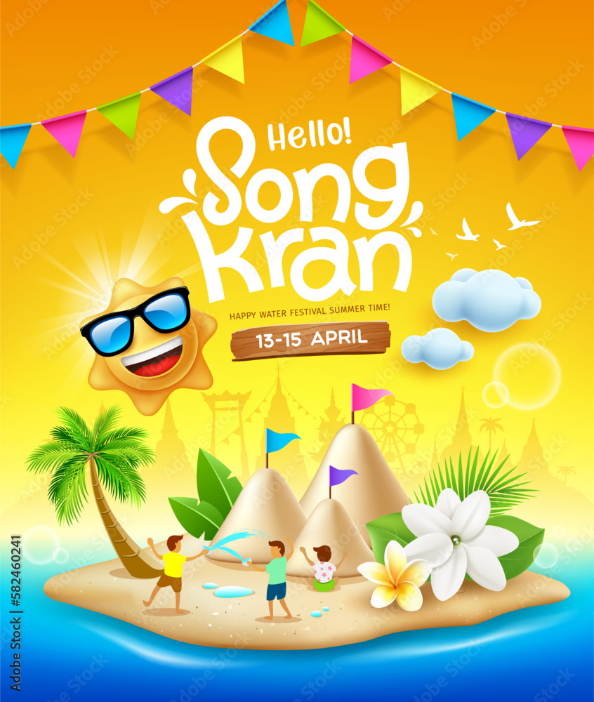 Songkran festival thailand, Thai flowers with child playing water ...