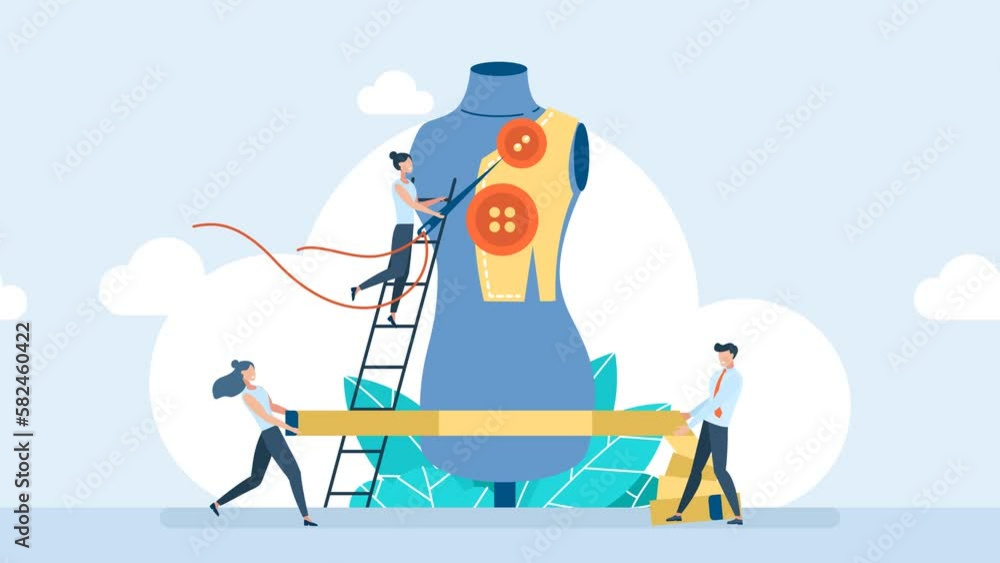 Clothing design. Taking measures. Seamstress fitting of clothes on ...