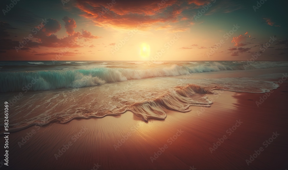 a painting of a sunset over the ocean with waves crashing on the beach ...