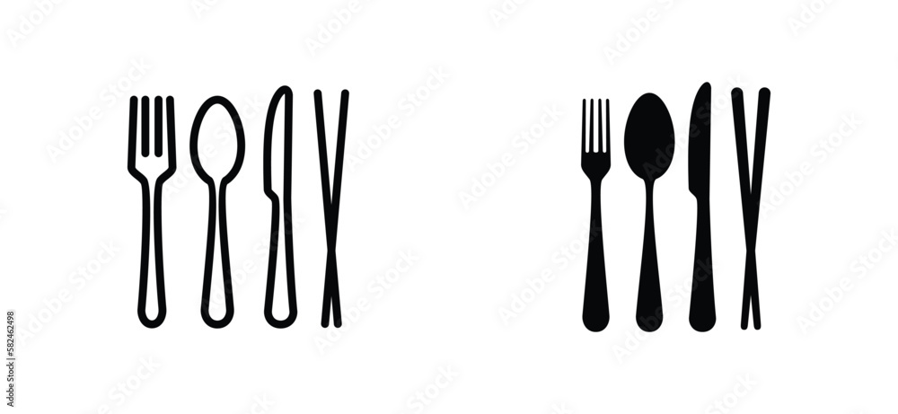 Fork, spoon, knife, and chopsticks icon. Cutlery icon set in line and ...