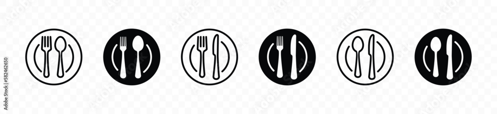 Fork, spoon, knife, and plate icon. Cutlery icon set in line and flat ...