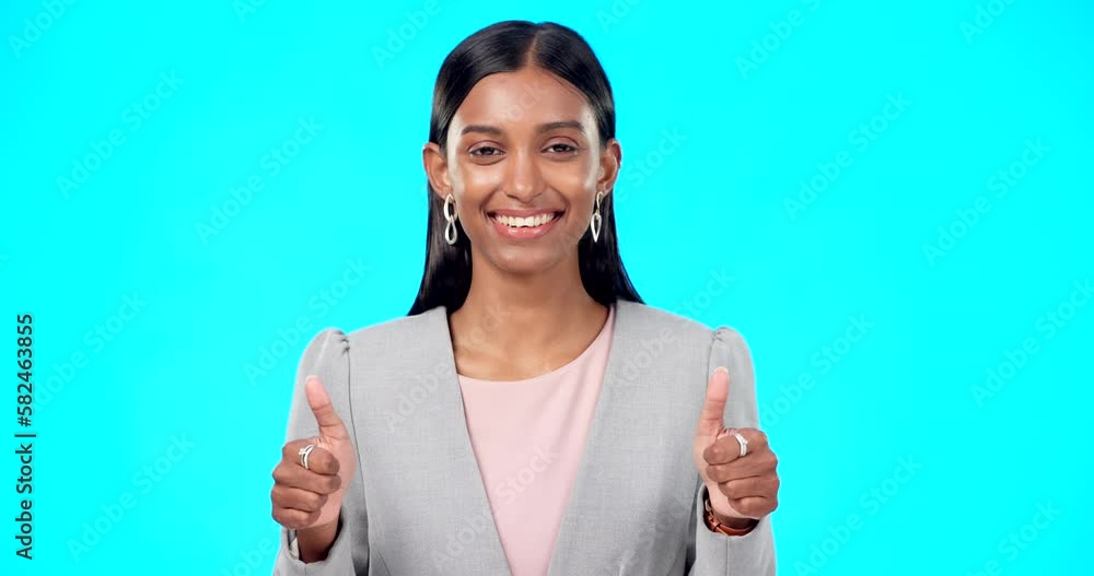 Thumbs up, happy and studio woman with business emoji gesture for ...