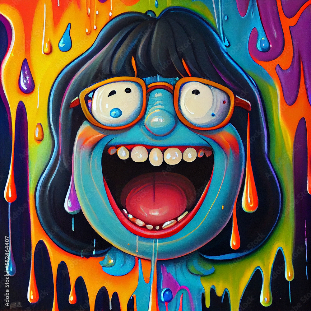 Psychedelic drippy oil painting with vibrant neon colors of girl ...