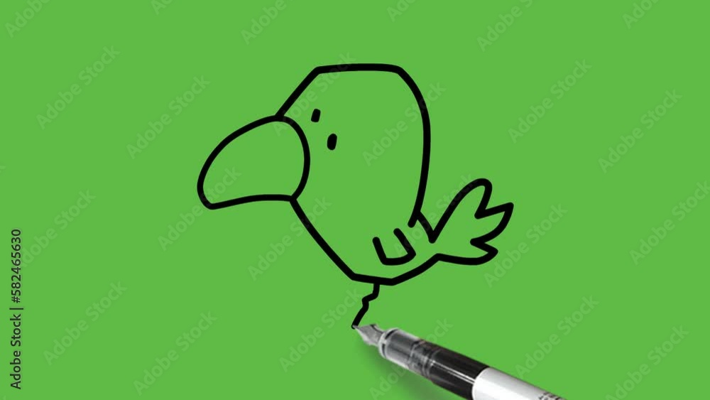 Draw Cartoon Character Sparrow Bird Sit With Black Outline On Abstract Green Screen Background