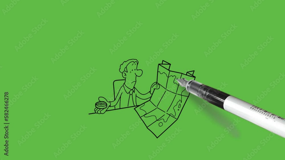 Draw sitting young man on chair hold big graph paper in hand think ...