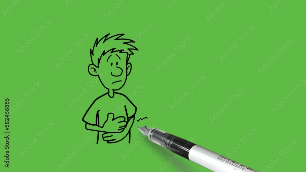 Draw little hungry boy with scattered hair, round nose, hold his hands ...