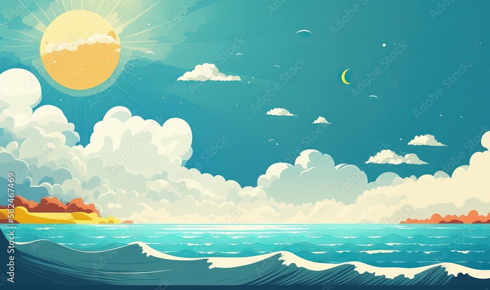 a painting of the ocean with clouds and a sun in the sky over the water ...