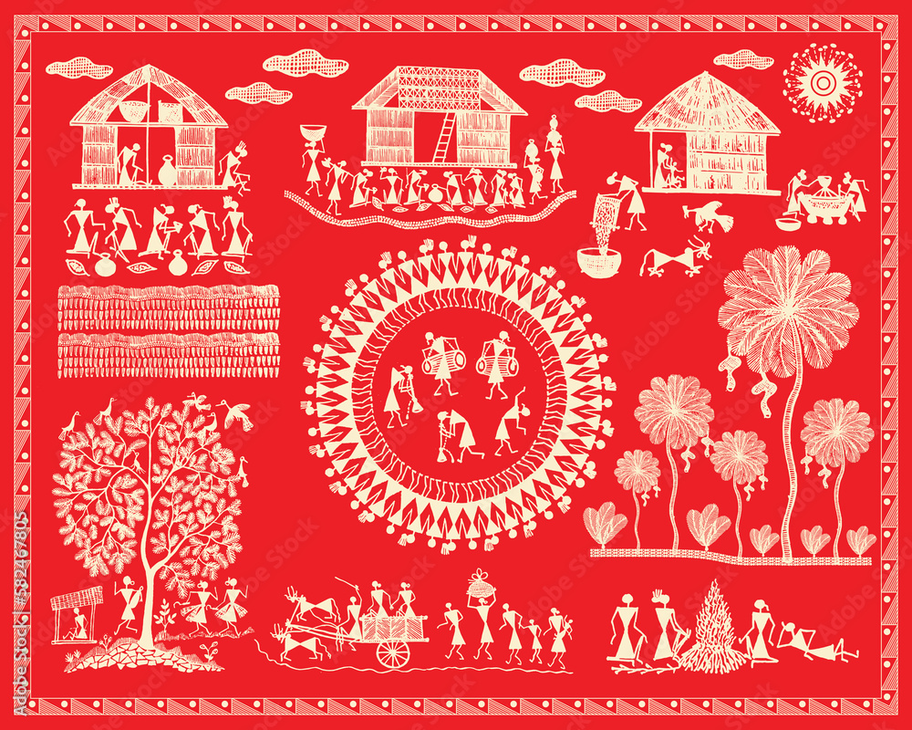 Warli painting showing farming is the main way of life and a large ...