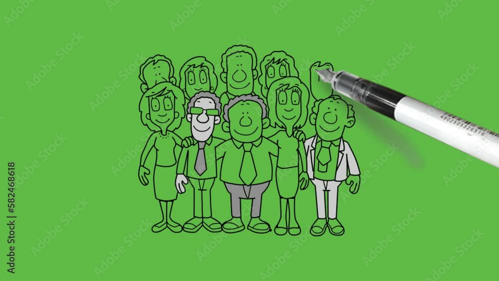 Draw group of ten people men and women stand jointly hold their hand on ...