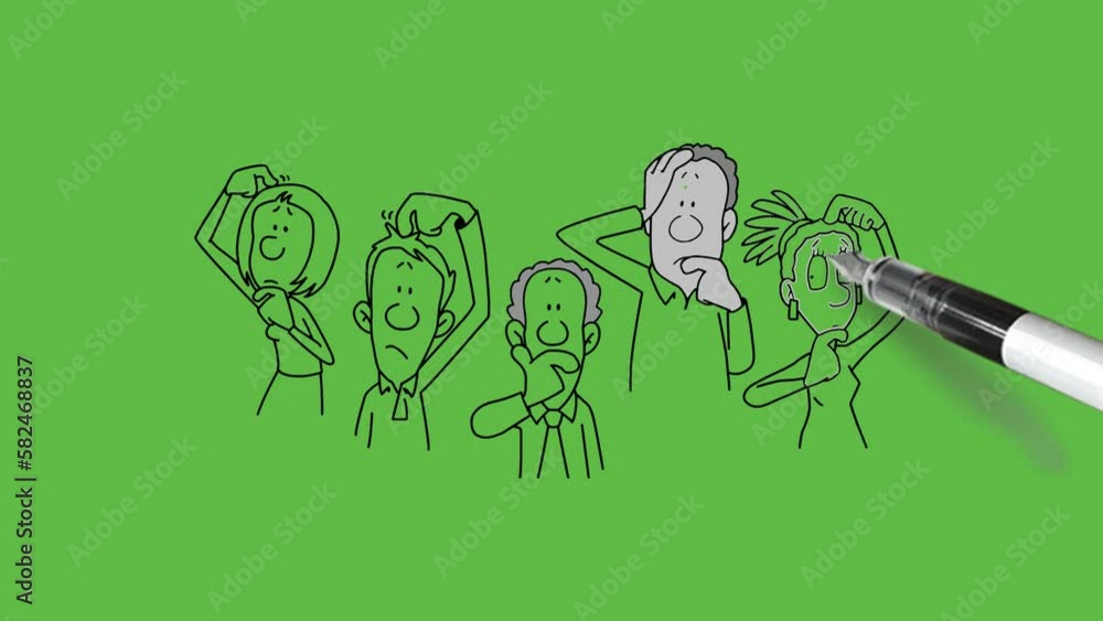 Draw group of five people men and women of round nose stand think ...