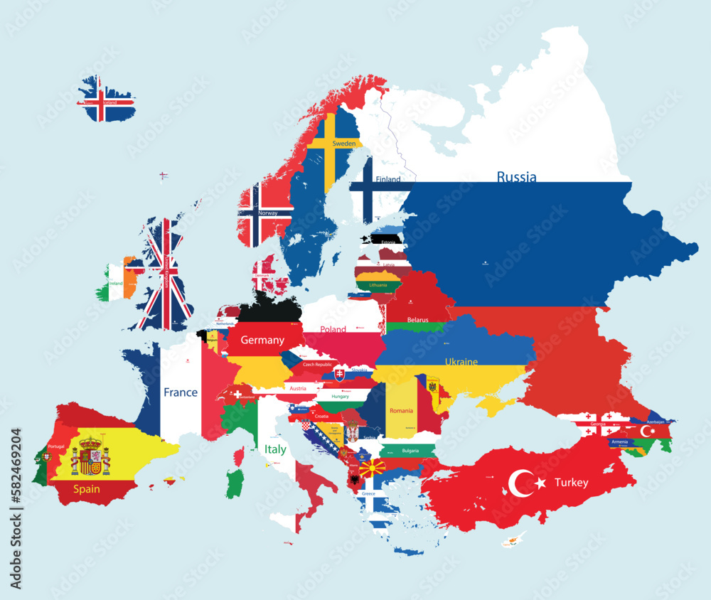 Vetor de Europe map with countries flags incorporated inside countries ...