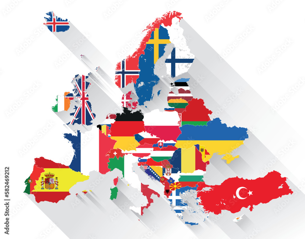 Europe map with countries flags incorporated inside. Flat style vector ...