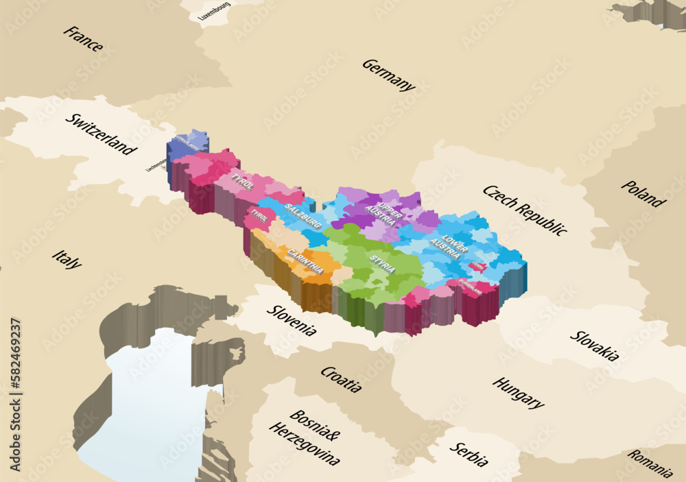 Austria districts colored by regions isometric map with neighbouring ...