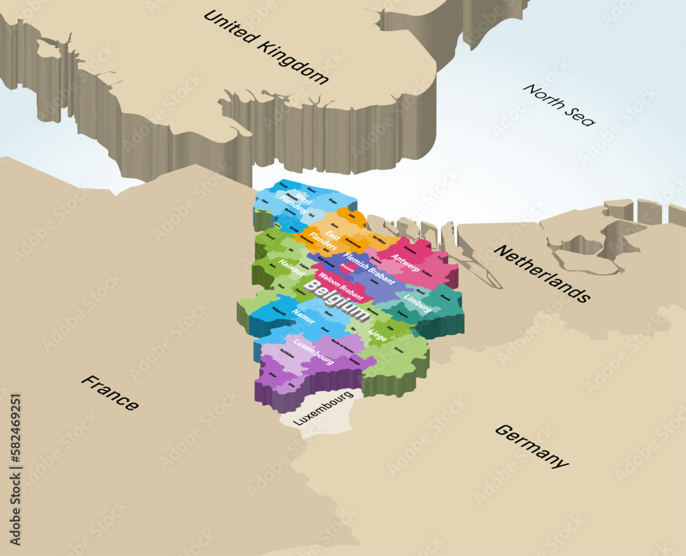 Belgium 3d (isometric) vector map colored by provinces with ...