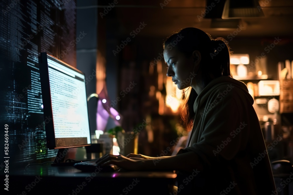 Young hacker female woman hacking a network system with a laptop computer, danger for cyber ...