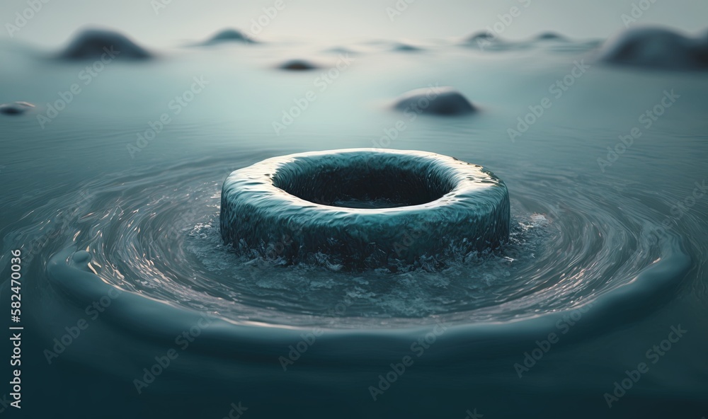 a circular object floating in a body of water with rocks in the ...