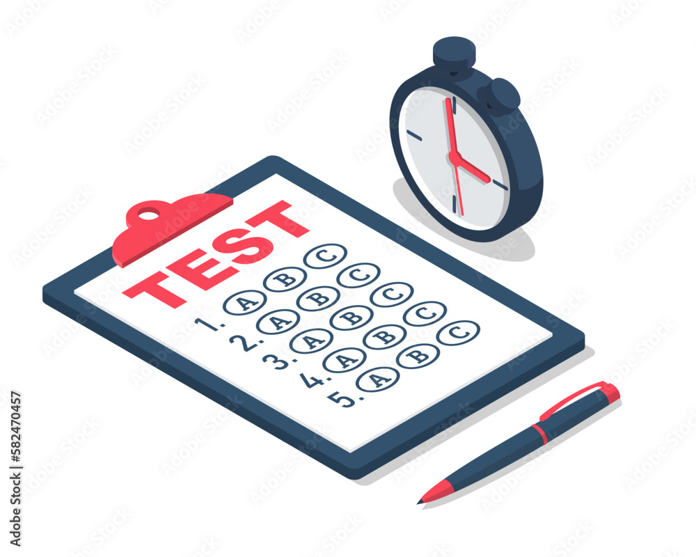Test time concept. Clipboard with dough form, pen, and stopwatch ...