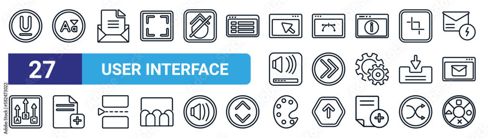 set of 27 thin line user interface icons such as underline, letter size ...