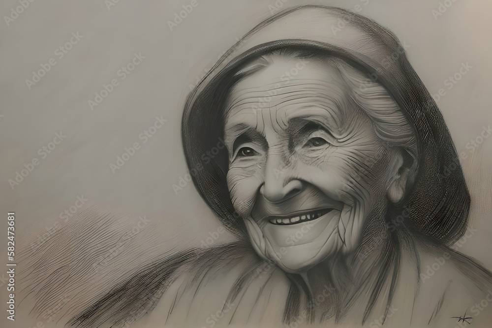 Beautiful portrait of sweet grandmother painted in pencil in black and ...