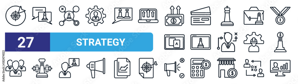 set of 27 thin line strategy icons such as goal, speech, data, card ...