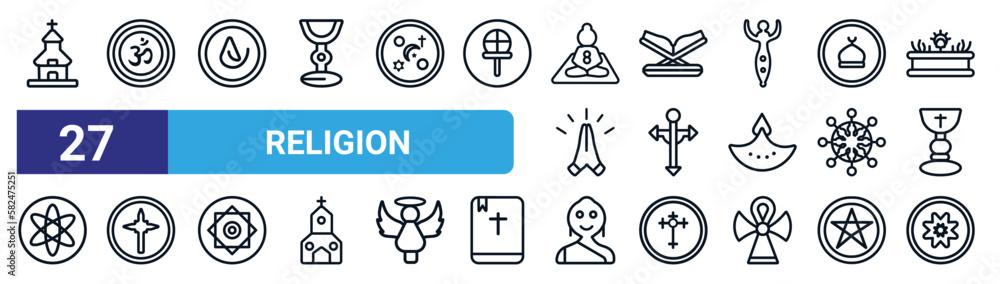 set of 27 thin line religion icons such as church, om, asceticism ...