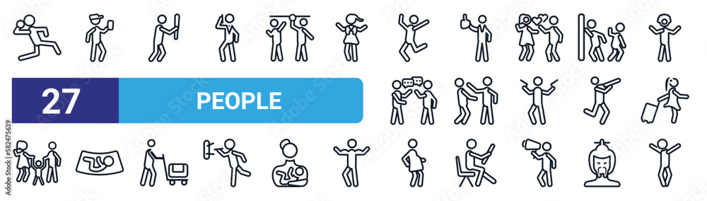set of 27 thin line people icons such as shot put, ticket collector ...