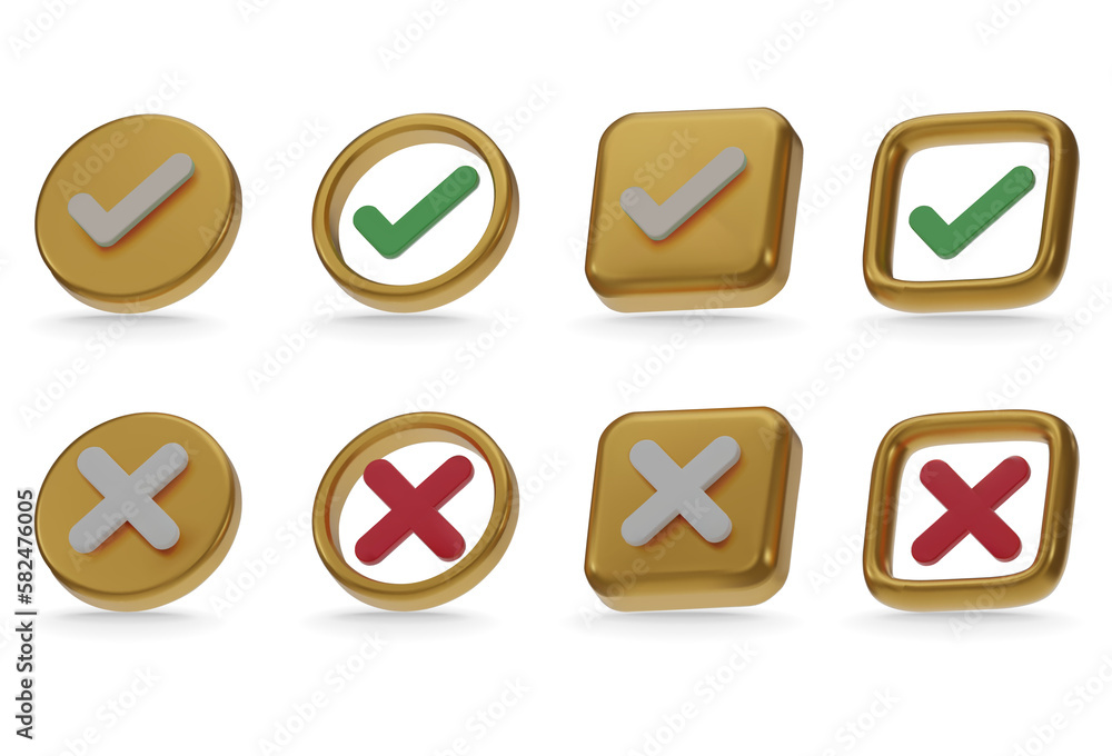 set of 3D gold Checkmark, and X mark icon sets. Checkmark the right ...