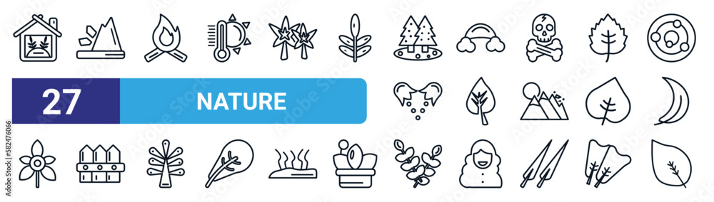 set of 27 thin line nature icons such as indoor, falling debris ...