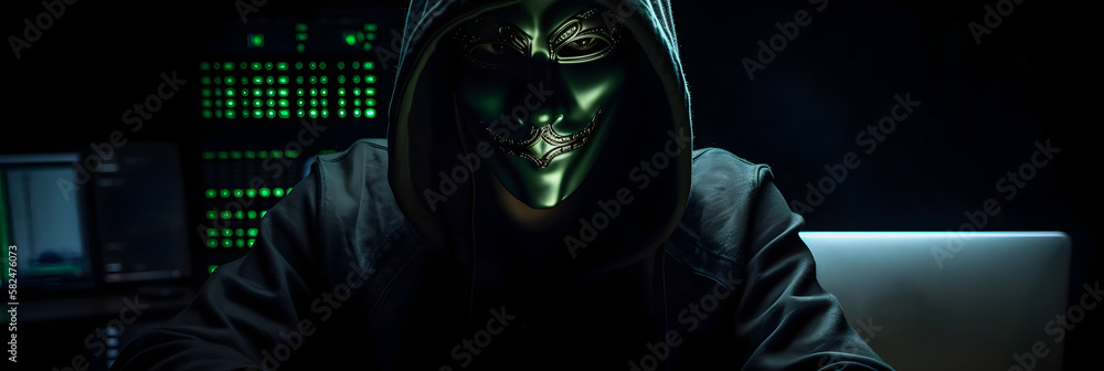 Unveiling the Enigmatic World of Cybercrime: A White Masked Hacker's Front View Amidst Dark Hood ...