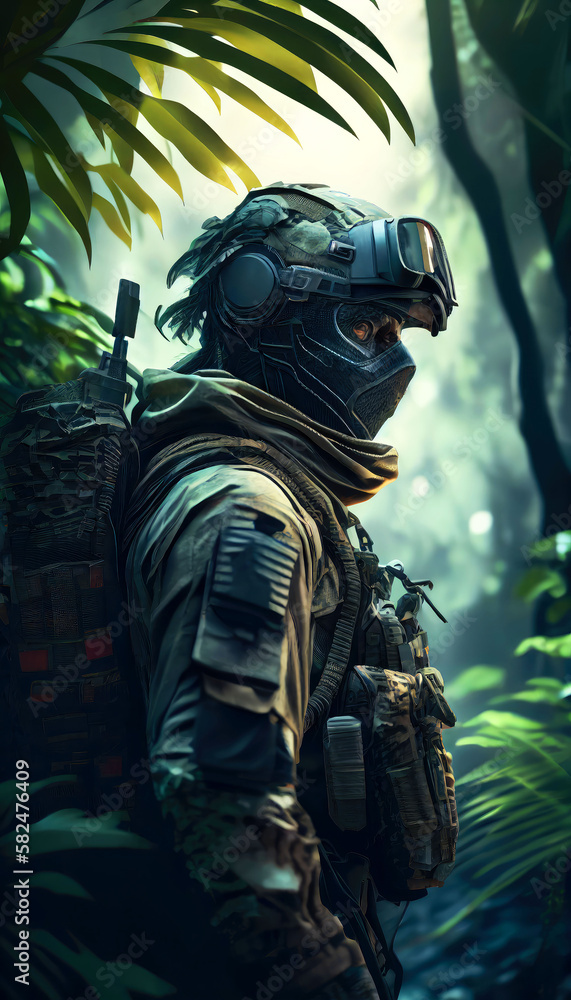 special forces commando soldiers navigating their way through a dense jungle environment. Clad ...