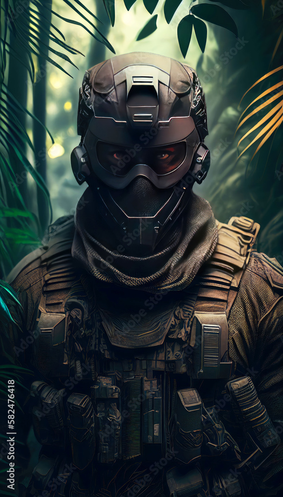 special forces commando soldiers navigating their way through a dense jungle environment. Clad ...