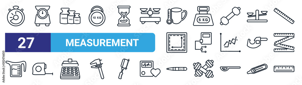 set of 27 thin line measurement icons such as chronometer running, shop ...