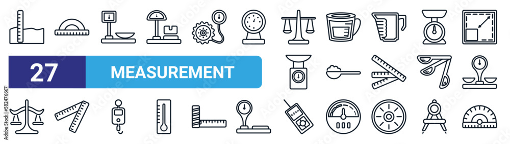 set of 27 thin line measurement icons such as water deep measuring ...