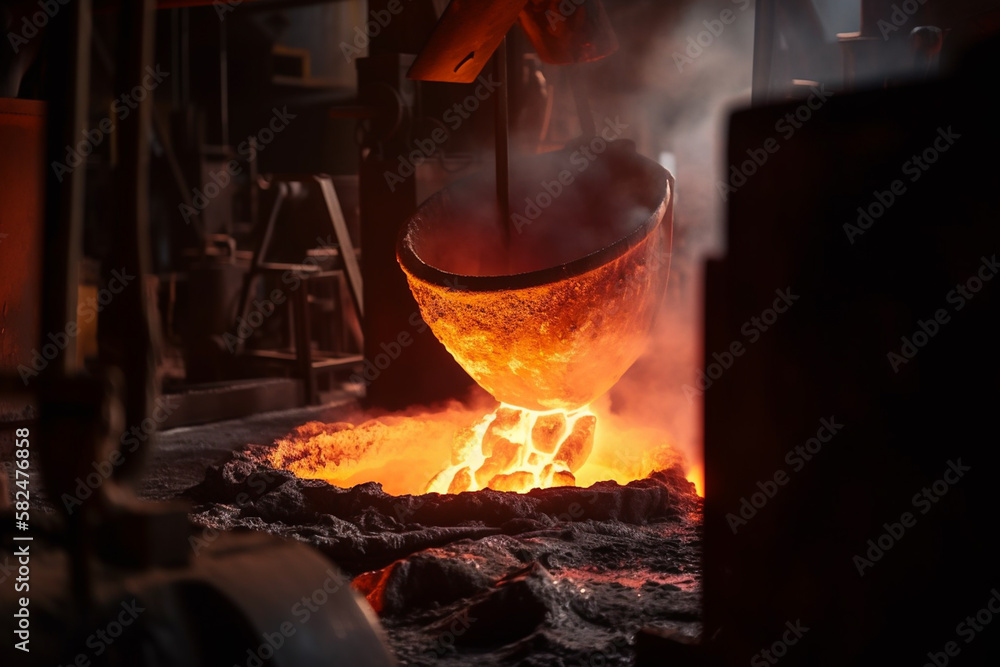 Liquid iron molten metal pouring in container, industrial metallurgical ...