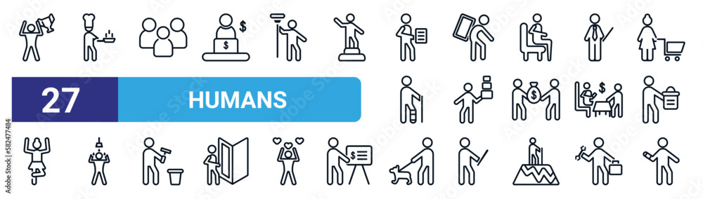 set of 27 thin line humans icons such as first prize, kitchen chef ...
