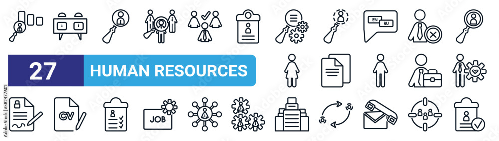 set of 27 thin line human resources icons such as analysis, chess clock ...