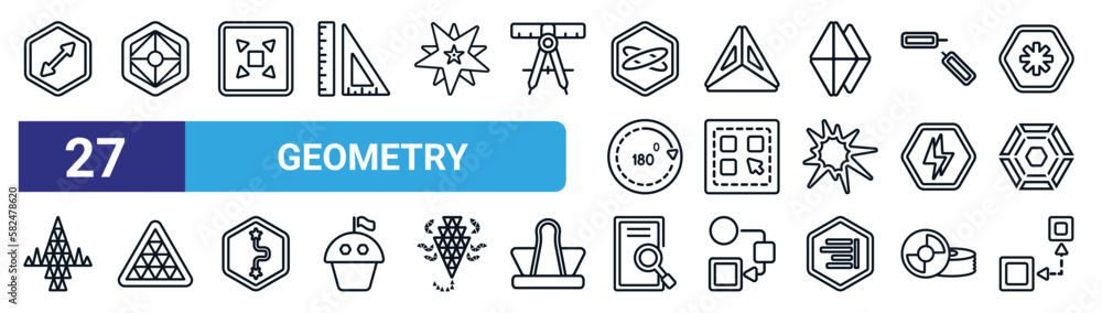 set of 27 thin line geometry icons such as diameter, ennegon, stretch ...