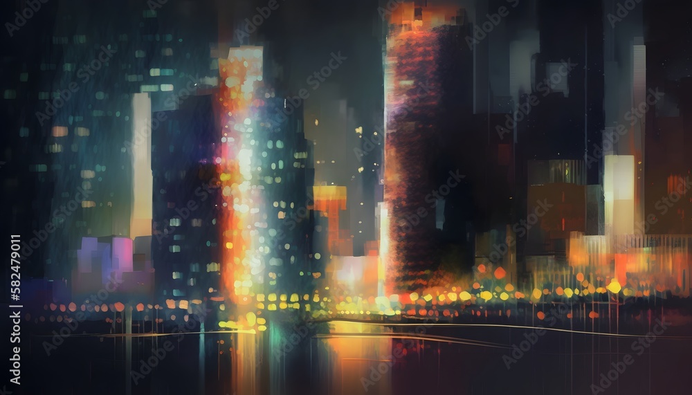 Abstract digital painting of urban skyscrapers at night Stock ...