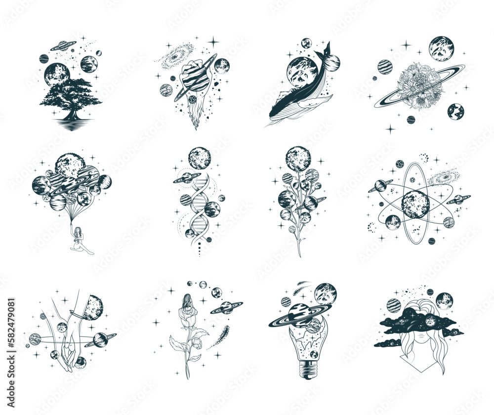 Celestial space compositions isolated set. 12 hand drawn vector ...