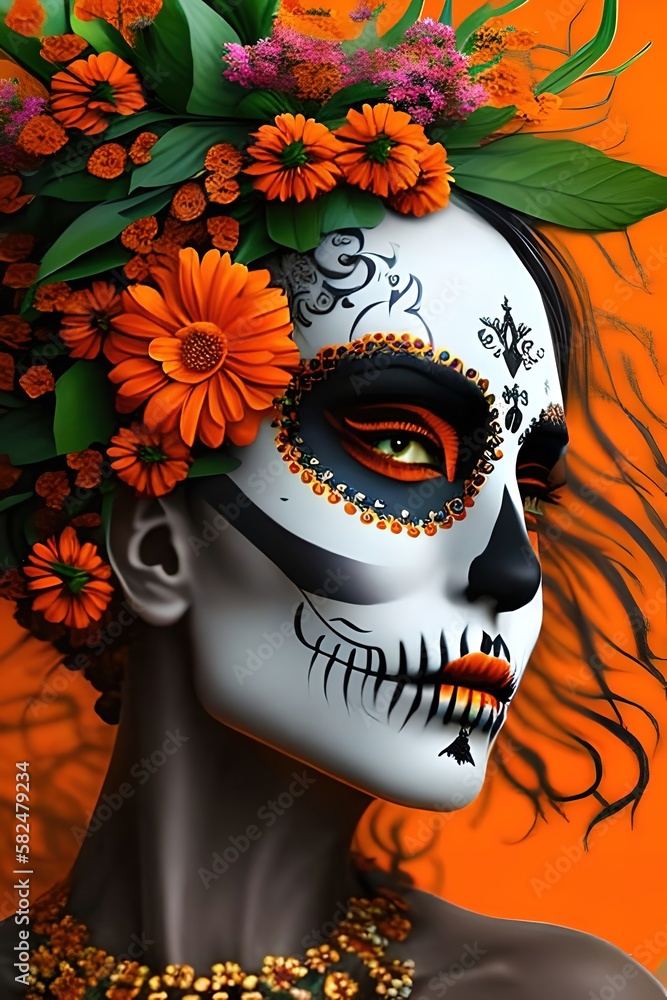 Beautiful Catrina for the day of the dead with flowers. Garbancera ...