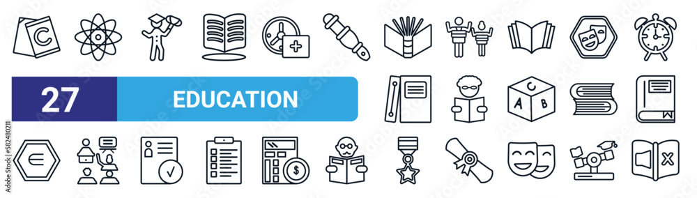 set of 27 thin line education icons such as school cart, atomic theory ...