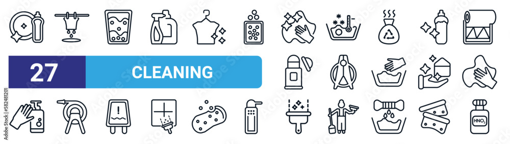 set of 27 thin line cleaning icons such as washing dishes, soak ...