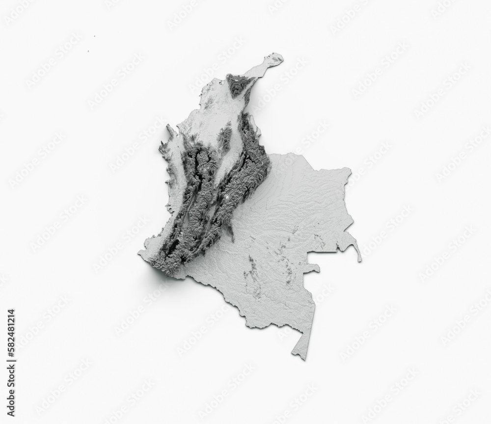 3D grayscale rendering of the Colombia-shaped topography map isolated ...