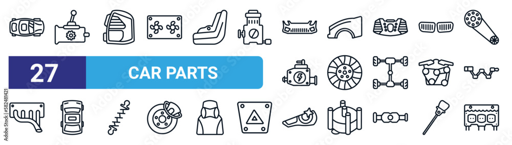 Vetor de set of 27 thin line car parts icons such as car sunroof or ...