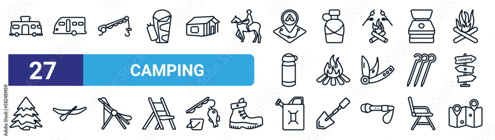 set of 27 thin line camping icons such as camper van, caravan, fishing ...
