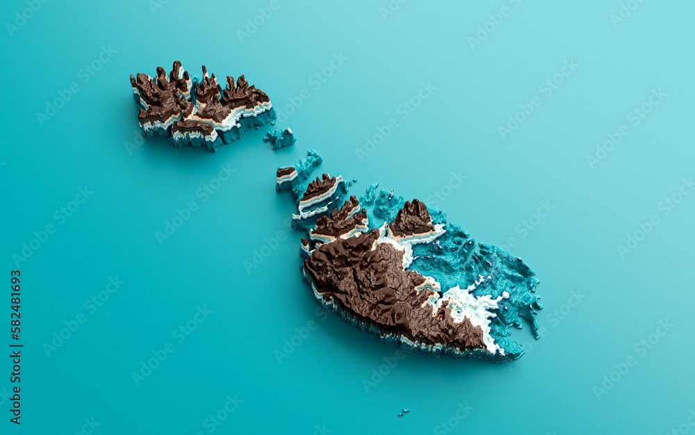 3D topography map of Malta with elevation tint isolated on a blue ...